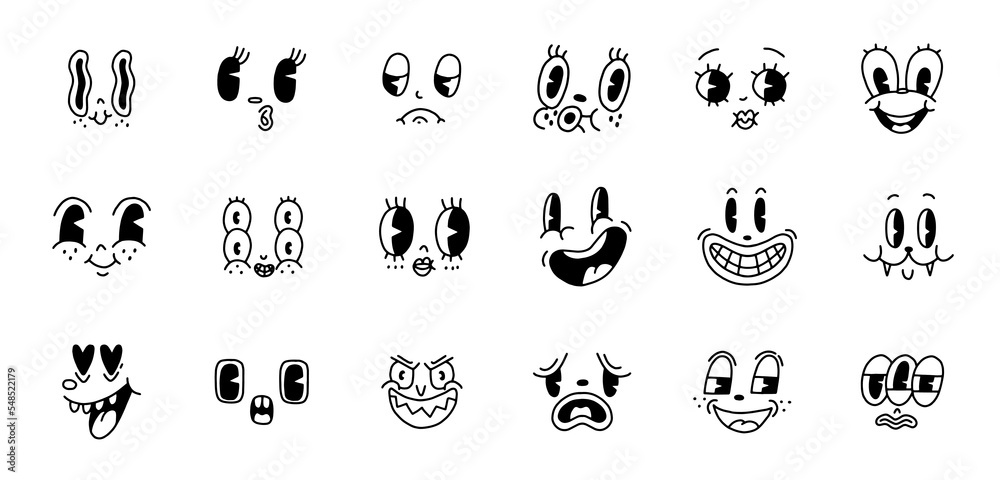 Retro 30s cartoon mascot characters funny faces big set. 40s, 50s, 60s ...