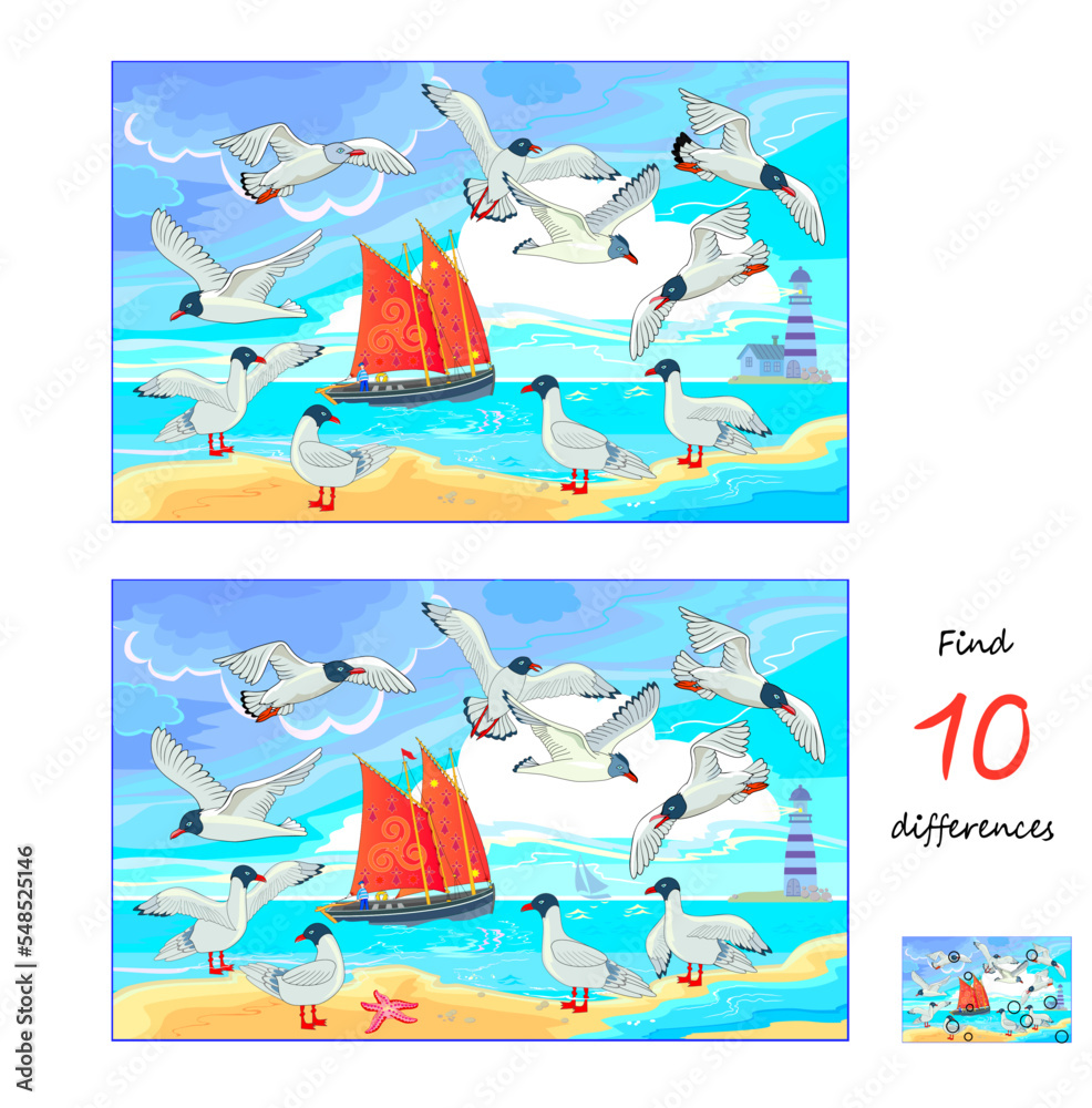 Find 10 differences. Illustration of seascape with seagulls and ...