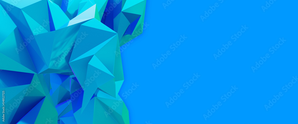 abstract 3d render of light blue polygons, faceted triangles with blank ...