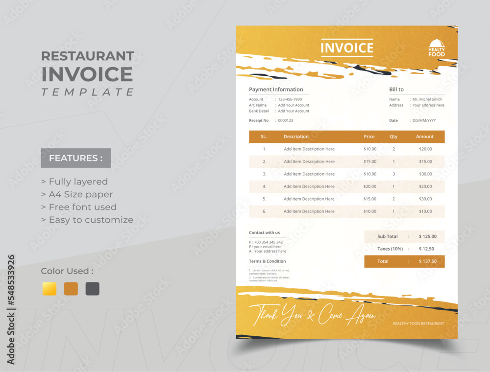 Food restaurant invoice design template with trendy gradient color ...