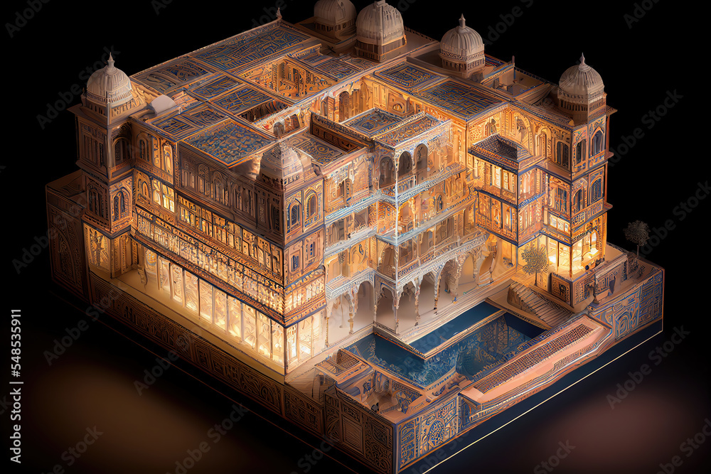 AI generated image of a 3D model or diorama of a grand Indian palace ...