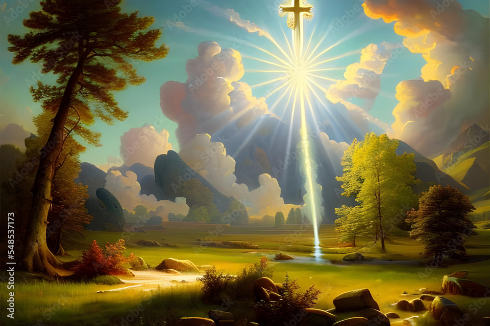 vintage beautiful painting of a holy christian cross with a portal to ...