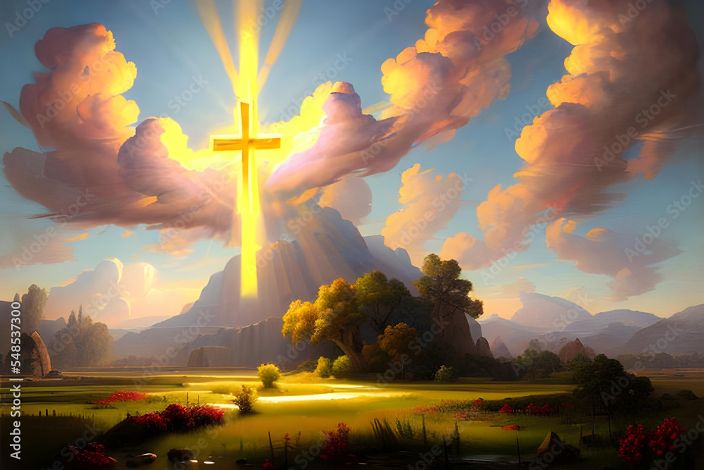 vintage beautiful landscape painting of a holy christian cross with a ...