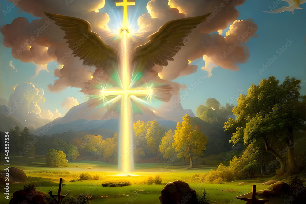 vintage beautiful painting of a holy christian cross with a portal to ...