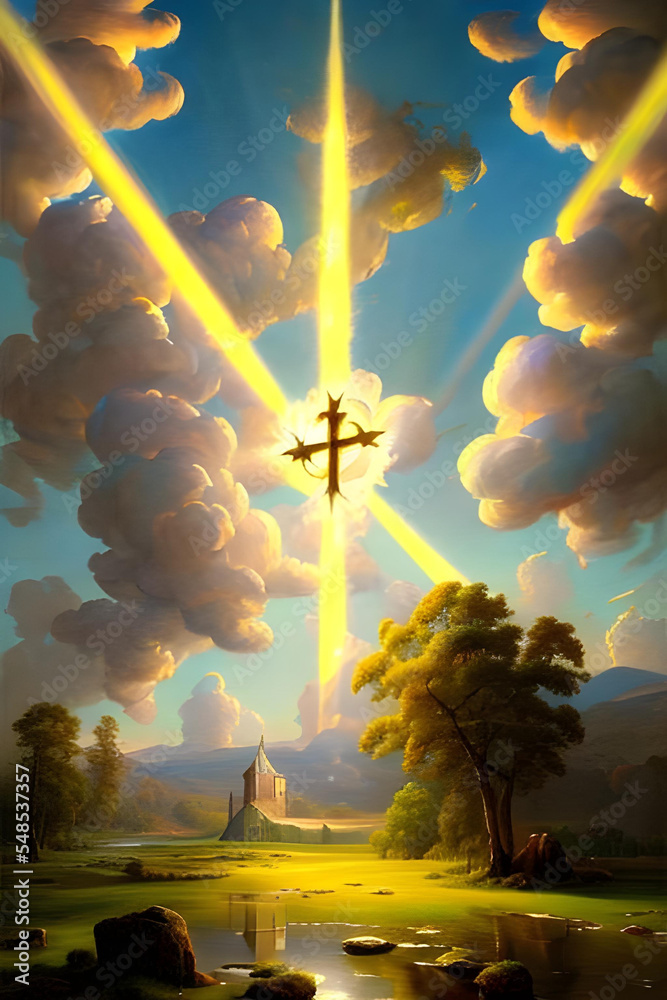 vintage beautiful painting of a holy christian cross with a portal to ...