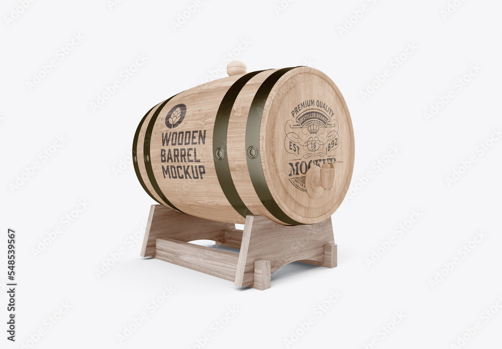 Wooden Barrel on Stand Mockup Stock Template | Adobe Stock