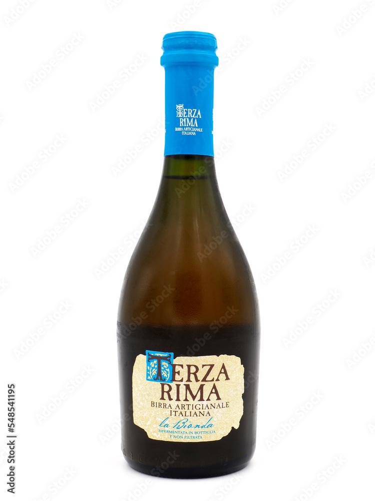 ROME, ITALY - NOVEMBER 23, 2022. Bottle of Terza Rima beer isolated on ...