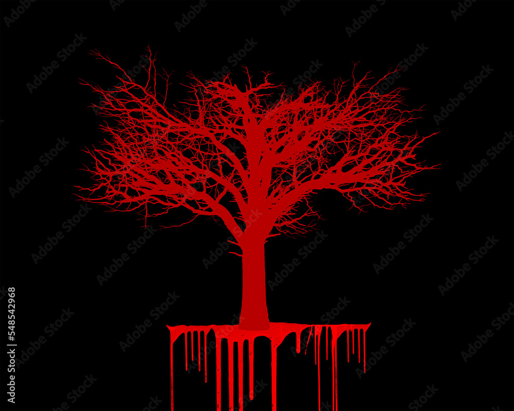 Illustration of a tree in red silhouette with blood dripping from its ...