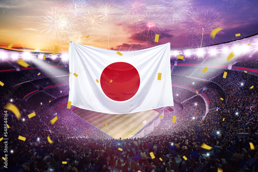 Japan Flag, fifa trophy with celebration stadium 3d rendering ...