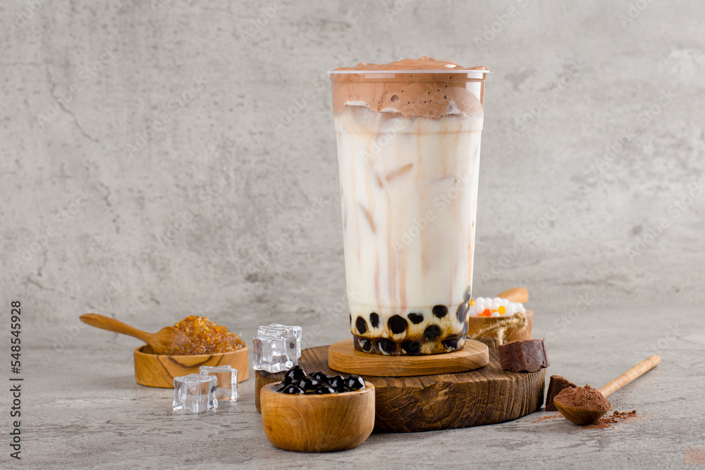 Boba or tapioca pearls is taiwan bubble milk tea in plastic cup with ...