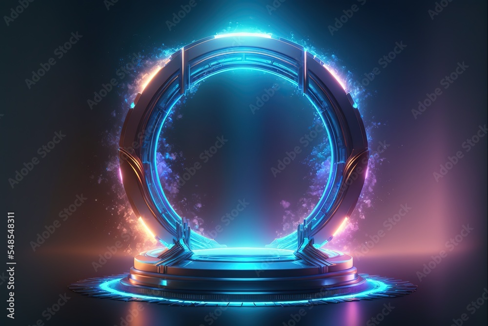 High tech portal with neon illumination in spaceship. Equipment for ...
