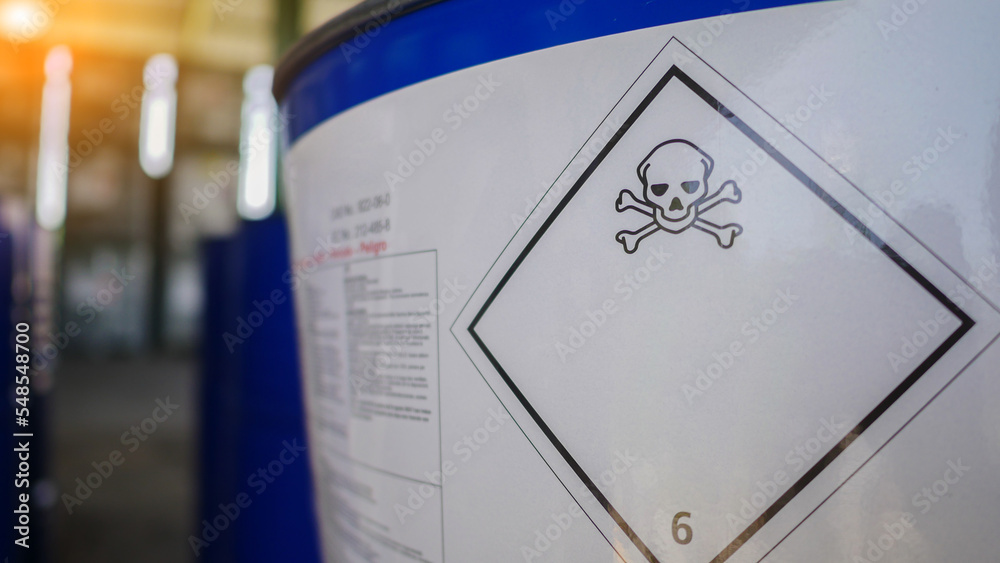 Flammable, acid, volatile, warning labels, mounted on hazardous ...