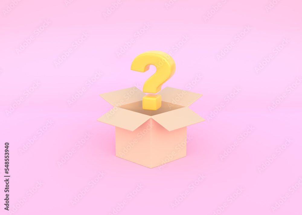 Brown box with a question mark on a pink background. Delivery concept ...