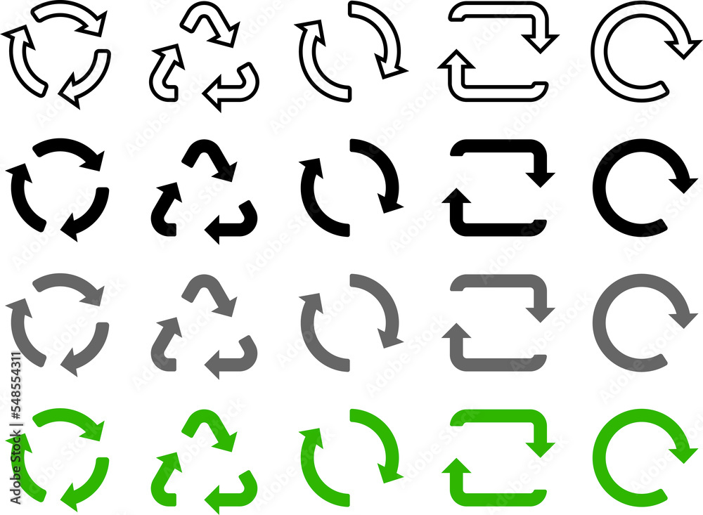 Recycling icons set, green and black arrows of different shapes recycle ...