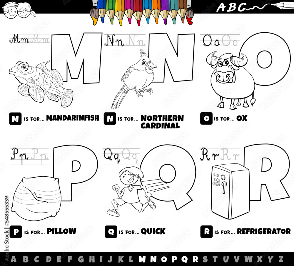 Educational Alphabet Letters Cartoon Set From M To R Coloring Page