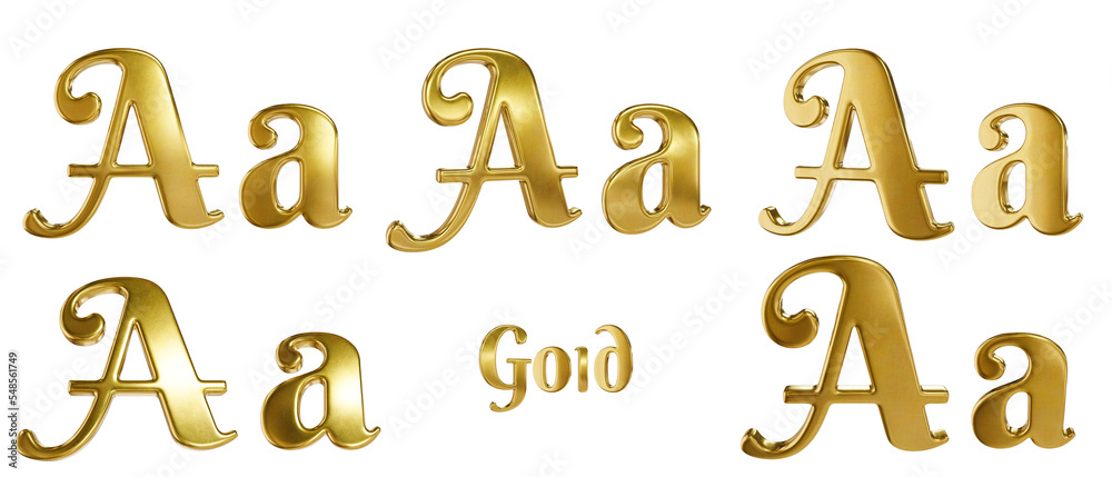 3D alphabet. Golden font with transparent background. Gold. Letter A, a ...