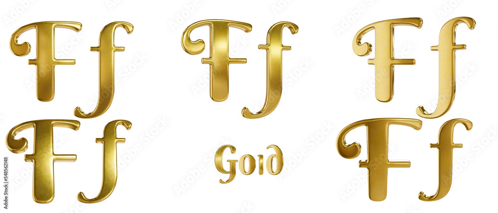 3D alphabet. Golden font with transparent background. Gold. Letter F, f ...