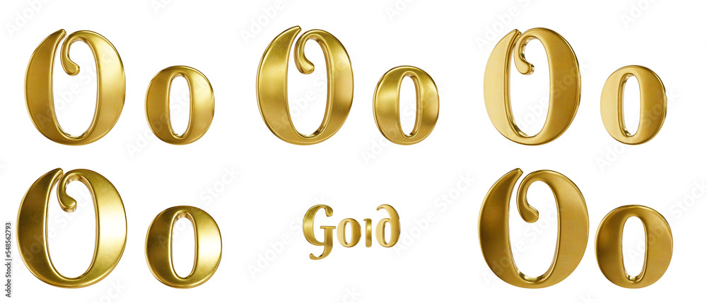 3D alphabet. Golden font with transparent background. Gold. Letter O, o ...