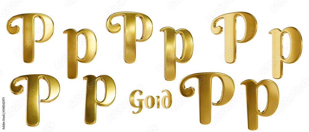 3D alphabet. Golden font with transparent background. Gold. Letter P, p ...