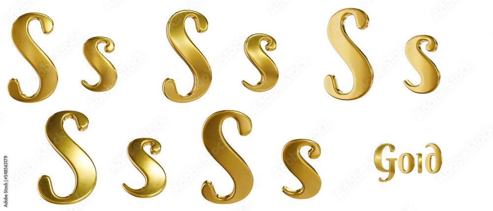3D alphabet. Golden font with transparent background. Gold. Letter S, s ...