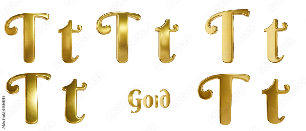 3D alphabet. Golden font with transparent background. Gold. Letter T, t ...