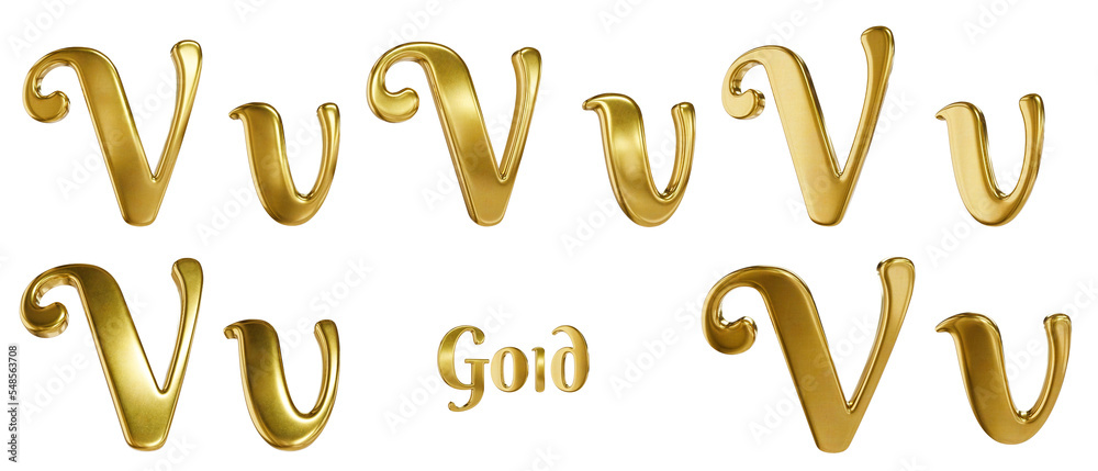 3D alphabet. Golden font with transparent background. Gold. Letter V, v ...