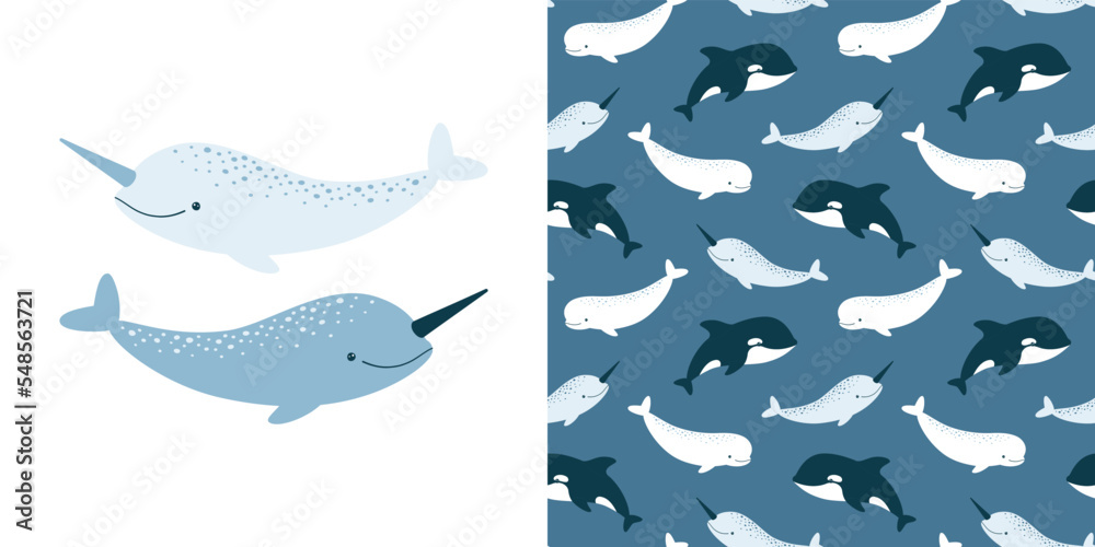 Cute vector collection with narwhal. Seamless pattern and animal ...