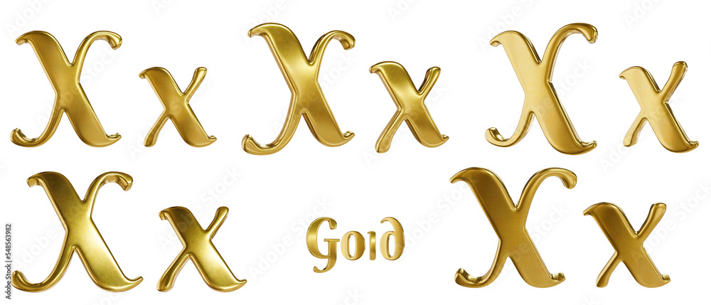 3D alphabet. Golden font with transparent background. Gold. Letter X, x ...