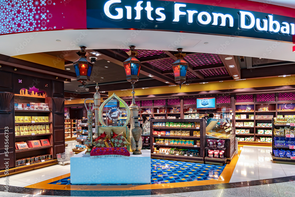 UAE, DUBAI, NOVEMBER, 2022: Souvenir shop interior with oriental goods ...