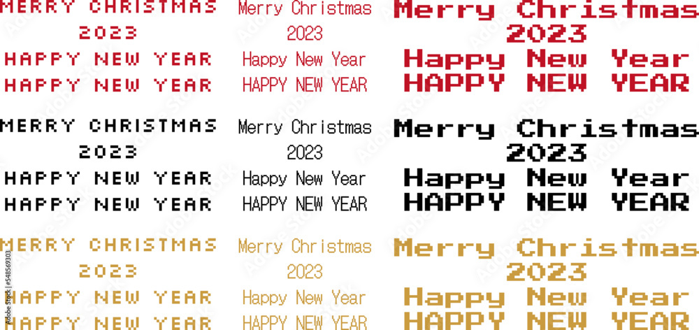 2023 Happy New Year, Merry Christmas pixel art game text. Red, black ...