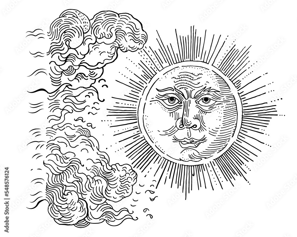 Vintage sun with a face and clouds. Hand drawn engraving medieval style ...