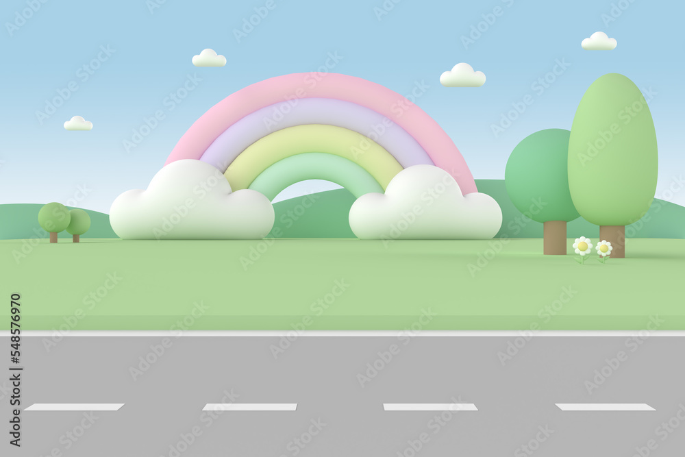 Minimal cartoon landscape background with a road for baby and kid in ...