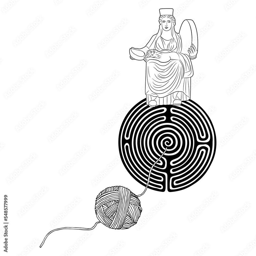 Goddess Cybele sitting on a round spiral maze or labyrinth symbol and a ...