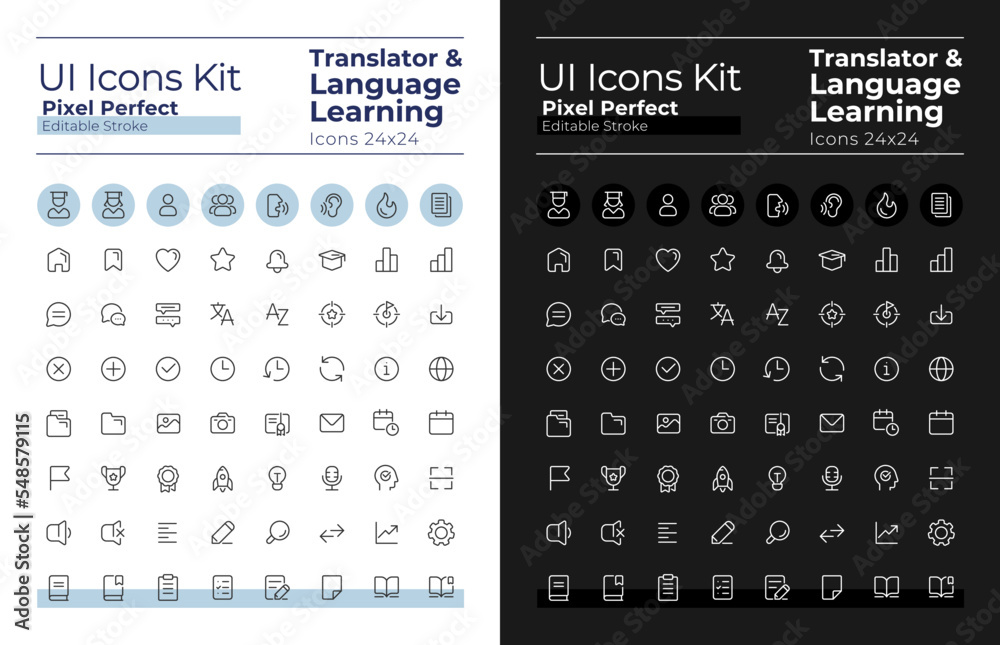 Translator pixel perfect linear ui icons set for dark, light mode ...