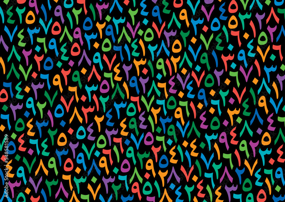colorful arabic numbers background. mixed arabic numbers on black ...