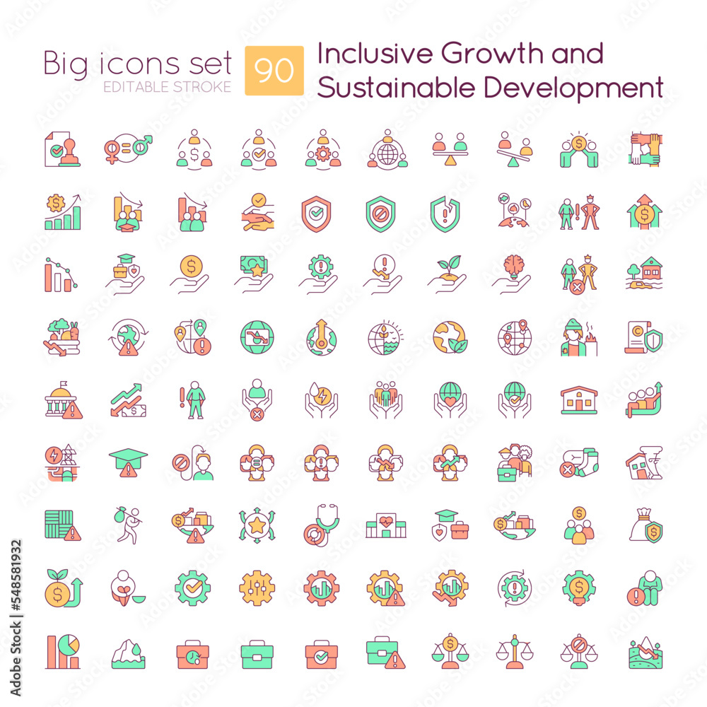 Inclusive growth and sustainable development RGB color icons set ...