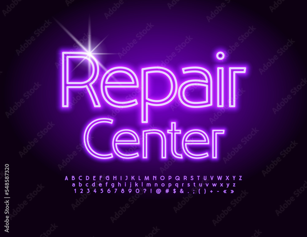 Vector glowing logo Repair Center. Bright Neon Font. Electric Alphabet ...