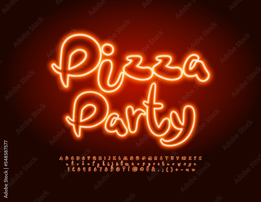 Vector neon banner Pizza Party. Bright handwritten Font. Glowing ...