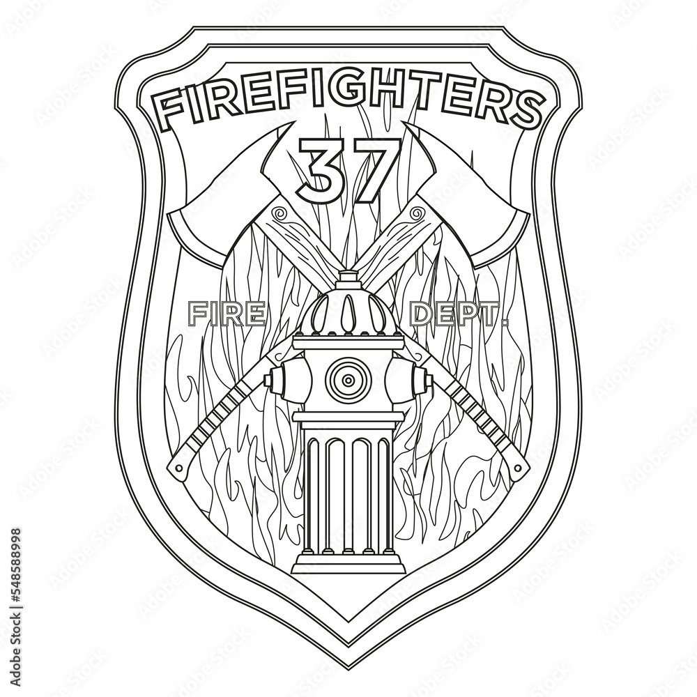 Firefighter Badge coloring page. Firefighter axes and hydrant on shield ...