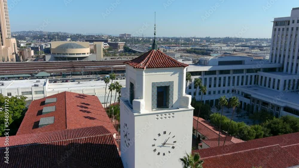 orbit aerial footage of the clock tower at Los Angeles Union Station ...