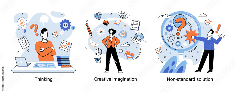 Creative thinking. People with different mental mindset types or model ...