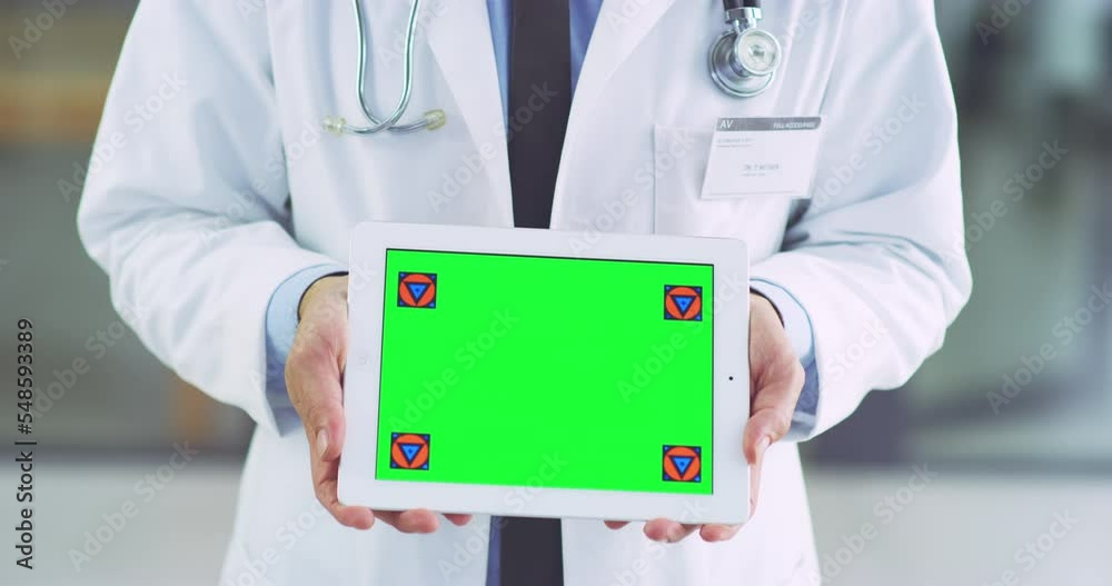 Healthcare, technology and doctor with tablet with green screen, mockup ...
