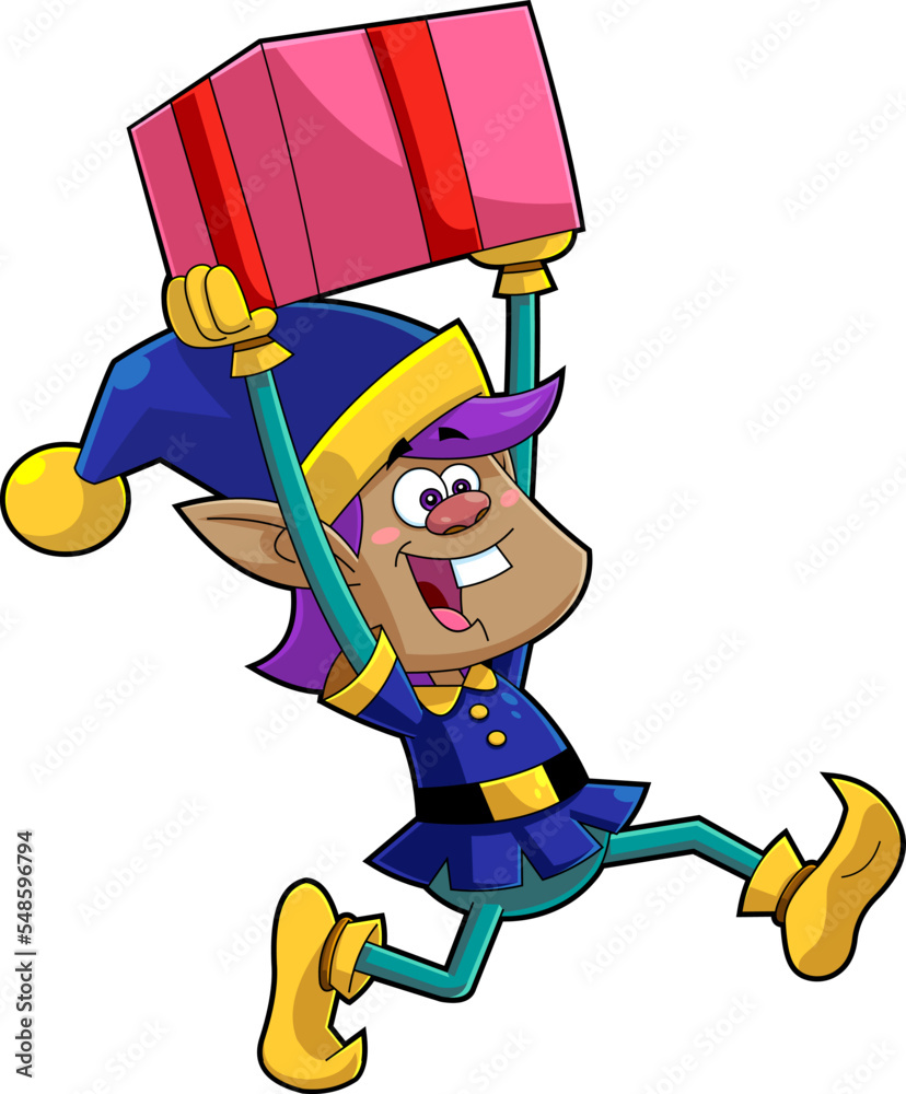 Santa's Little Black Elf Helper Cartoon Character Runs With Gift Box ...