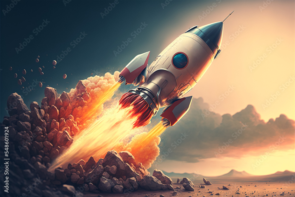 Abstract art. Colorful painting art launching rocket concept ...