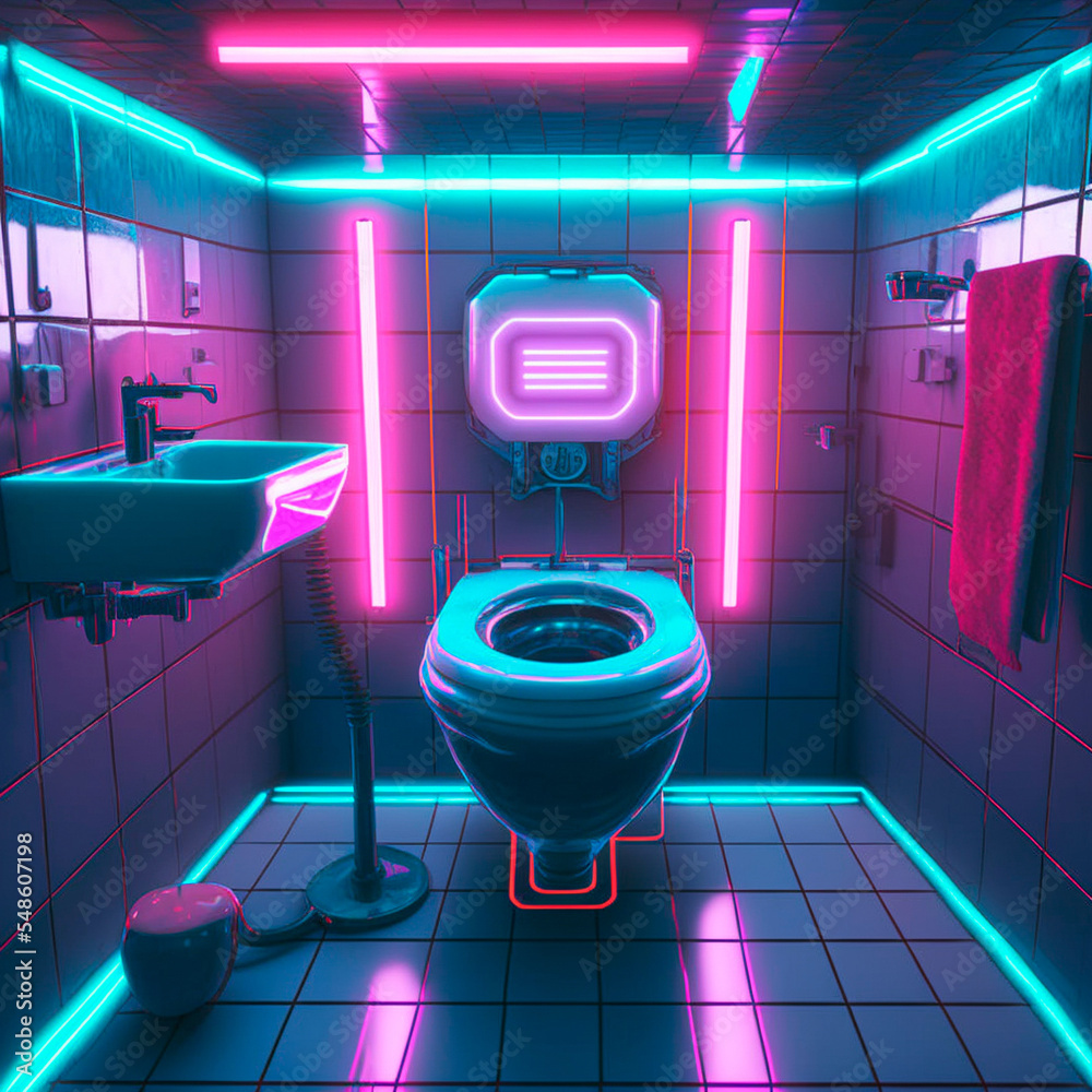 Toilet bowl with neon lighting in the style of cyberpunk. High quality ...