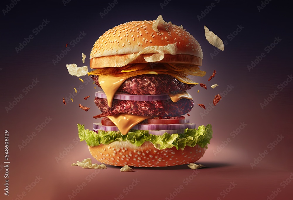 close-up of a flying, floating cheeseburger on an isolated studio ...