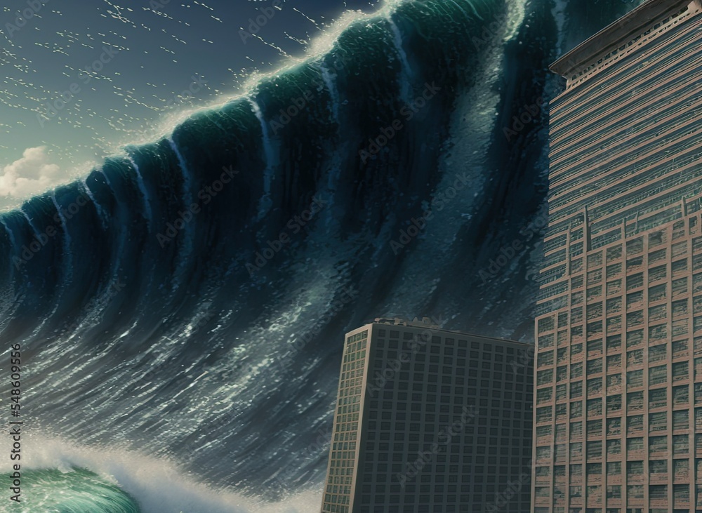 massive mega-tsunami with 100 feet waves hitting a tropical beach of a ...