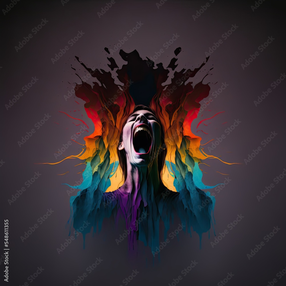 3d render of screaming woman with distorted face. Anguish, panic ...