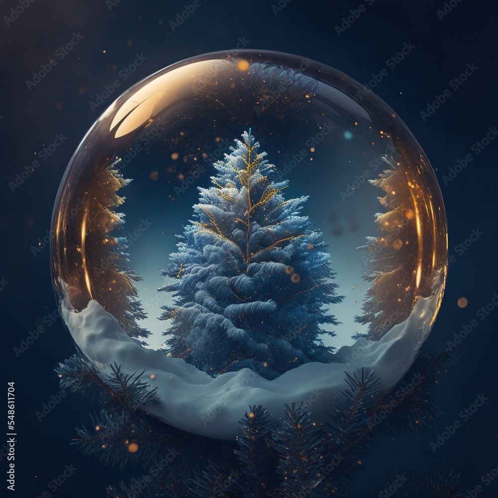 Beautiful christmas blue and gold background with snow xmas tree inside ...
