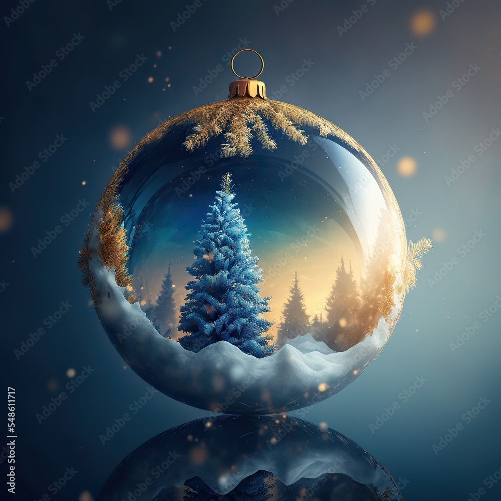 Beautiful christmas blue and gold background with snow xmas tree inside ...